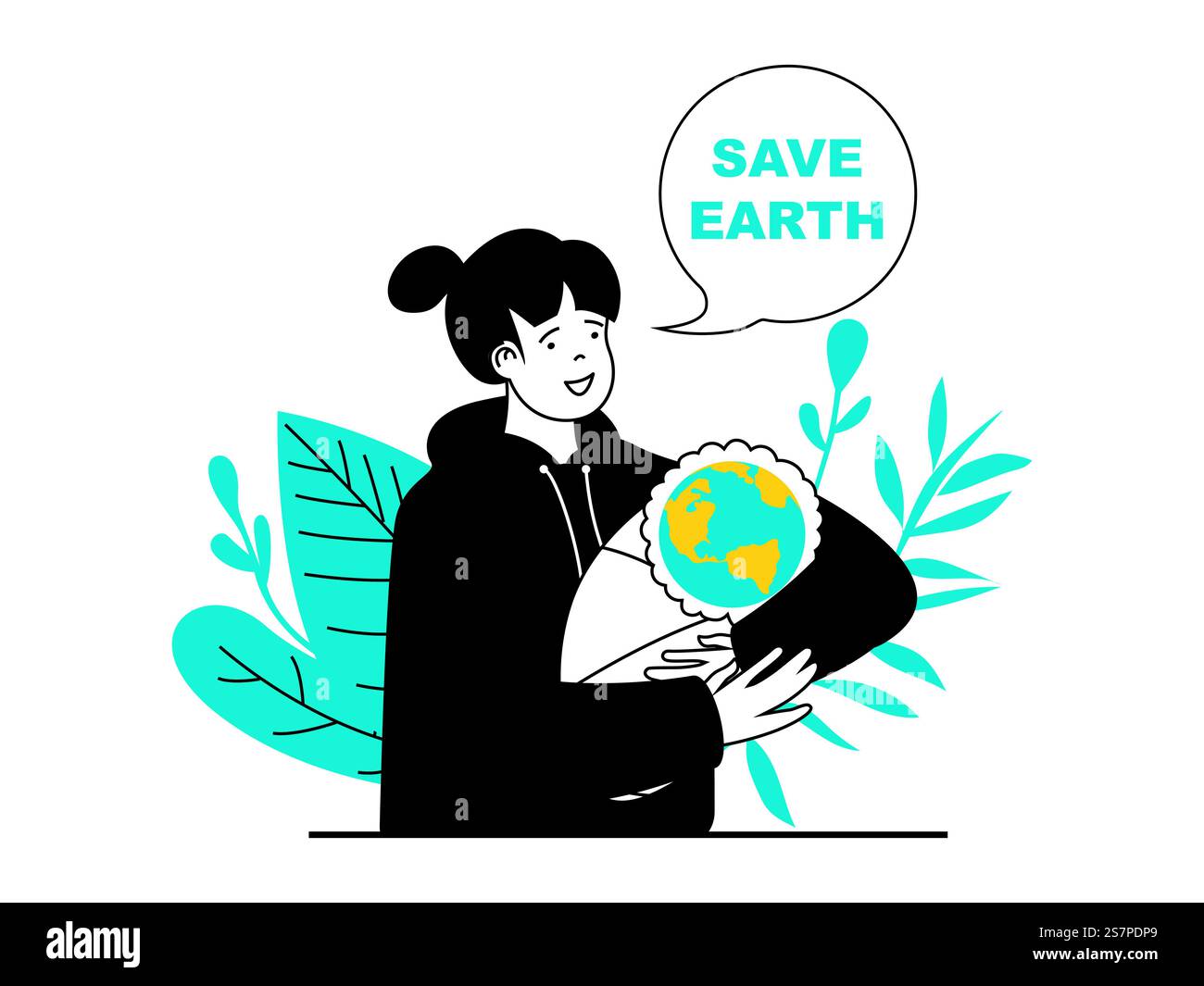 Save Earth concept with character situation. Woman mother hugs sweet earth and presses to ...