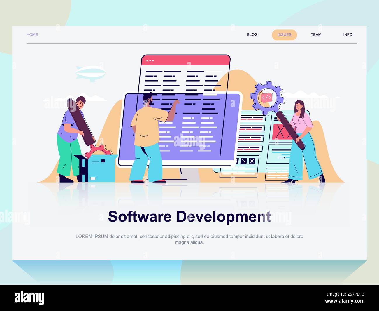 Software development web concept for landing page in flat design. Man and woman brainstorming ...