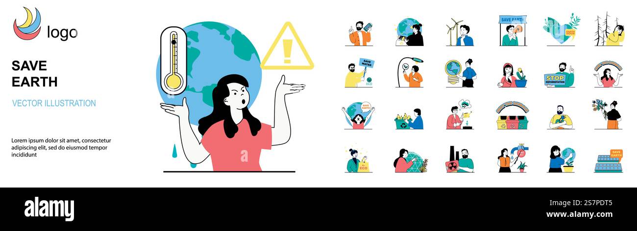 Save Earth concept with character situations mega set. Bundle of scenes ...