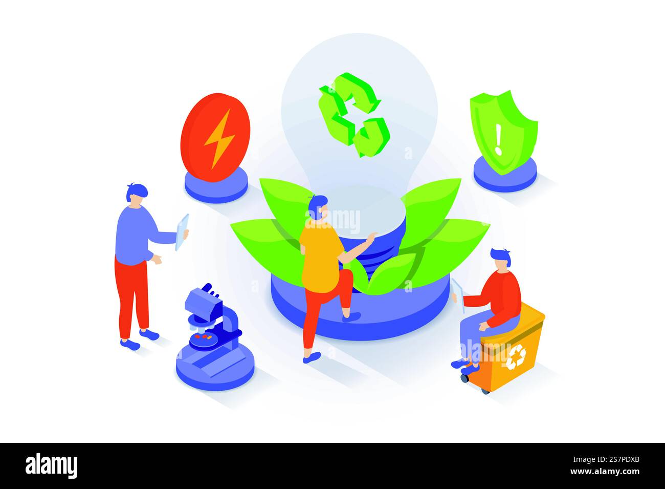 Eco lifestyle concept in 3d isometric design. People using renewable ...