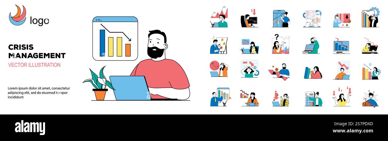 Crisis management concept with character situations mega set. Bundle of ...