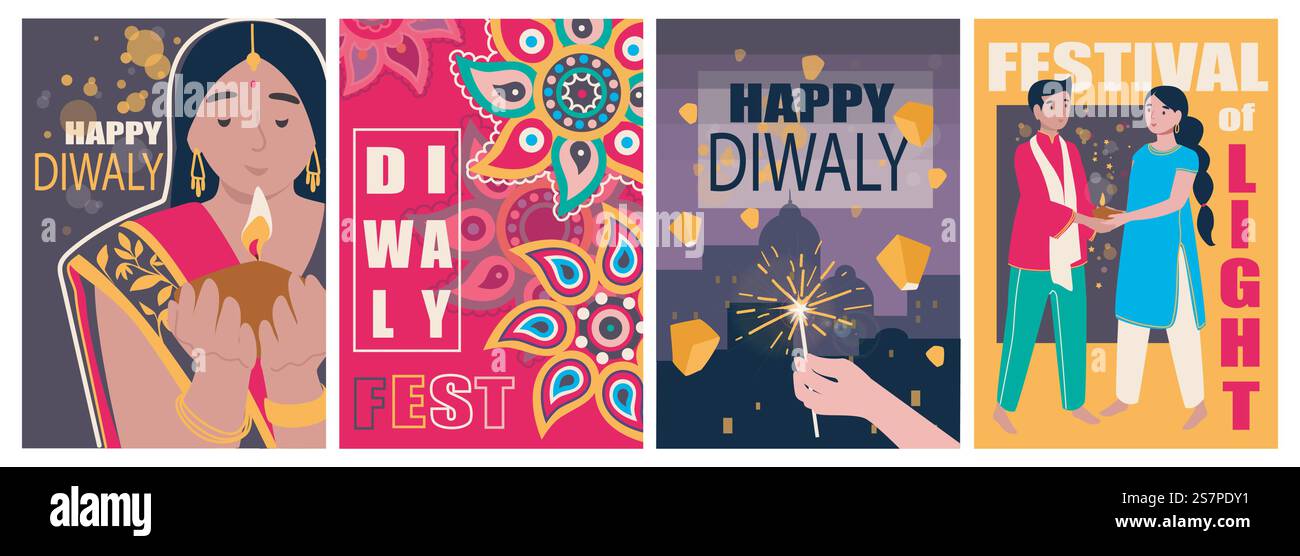 Diwali fest cover brochure set in trendy flat design. Poster templates ...