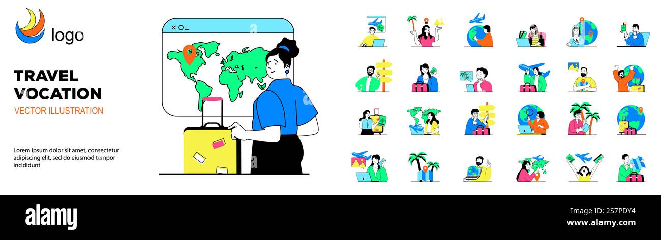 Travel vacation concept with character situations mega set. Bundle of ...