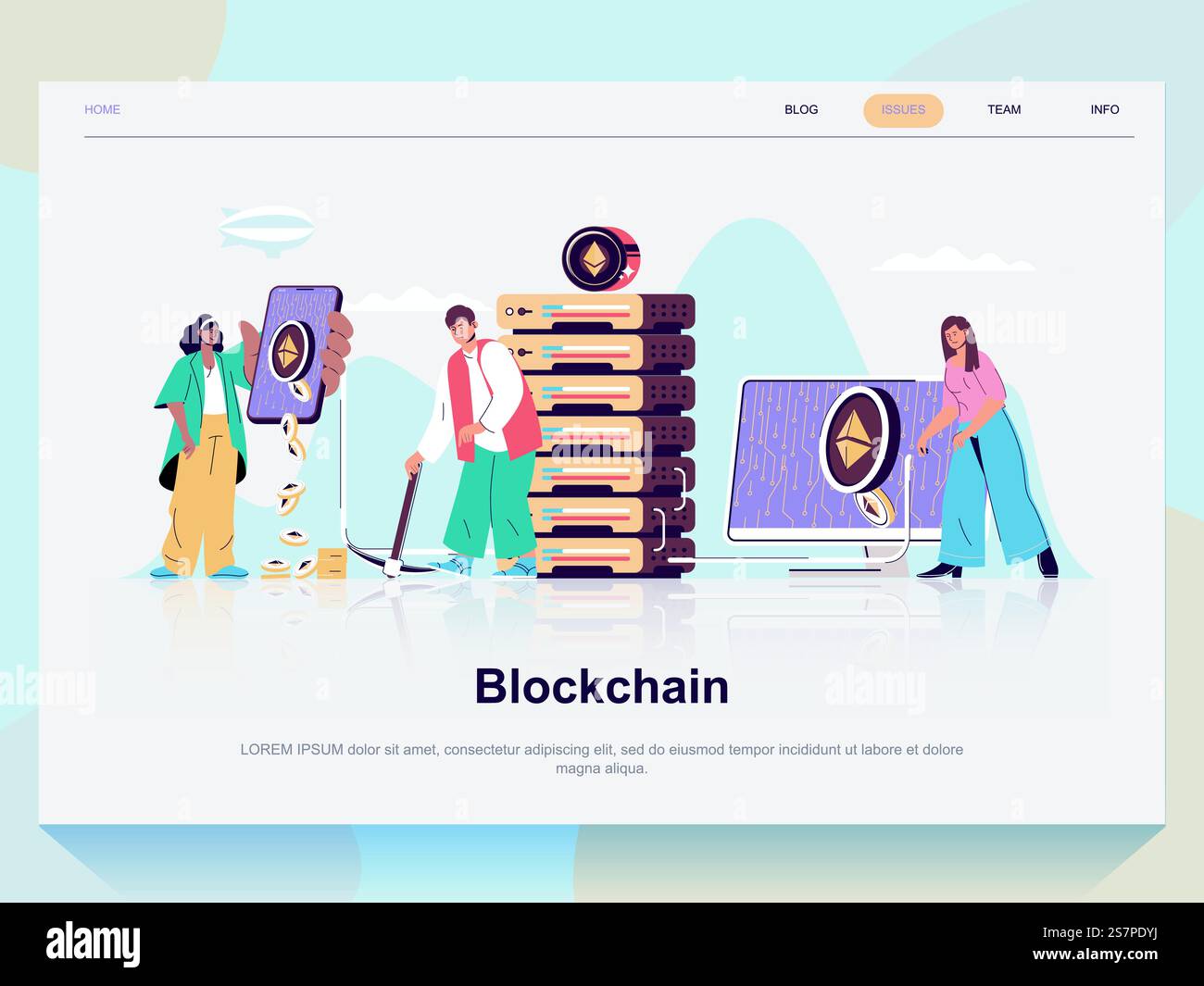 Blockchain web concept for landing page in flat design. Man and woman mining cryptocurrencies at ...