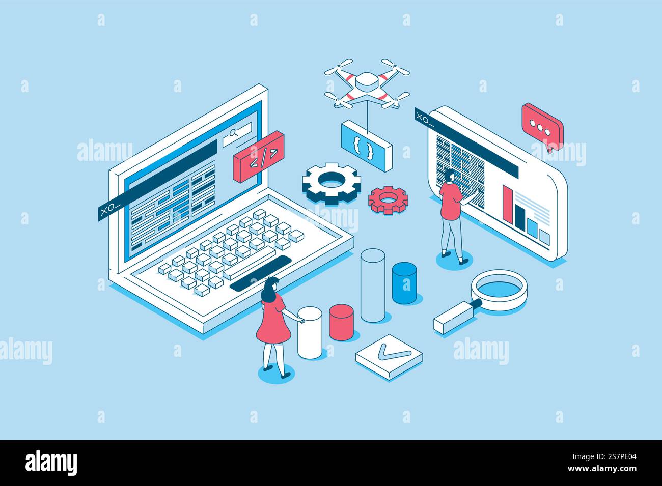 DevOps concept in 3d isometric design. People working with computers, communication and ...