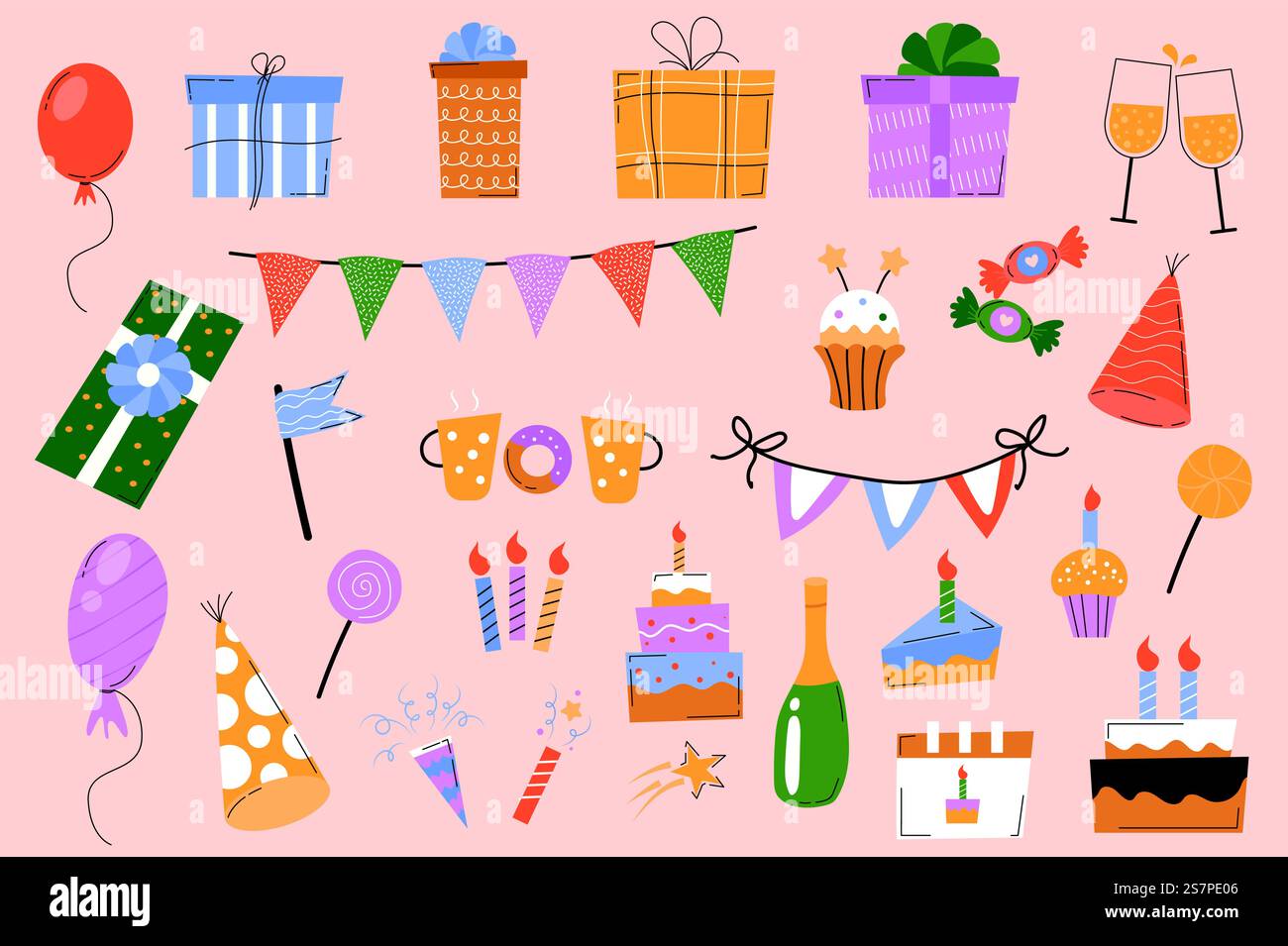 Birthday holiday mega set in graphic flat design. Bundle elements of ...