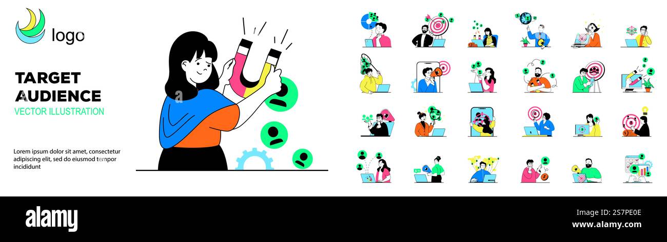 Target audience concept with character situations mega set. Bundle of scenes people study focus ...