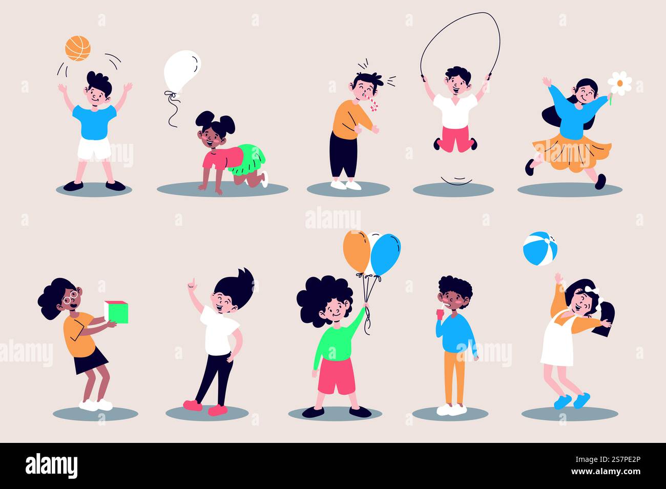 Children playing set in flat design. Boys and girls with balls, cube ...