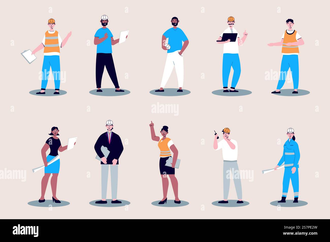 People work as engineers set in flat design. Men and women with helmets ...