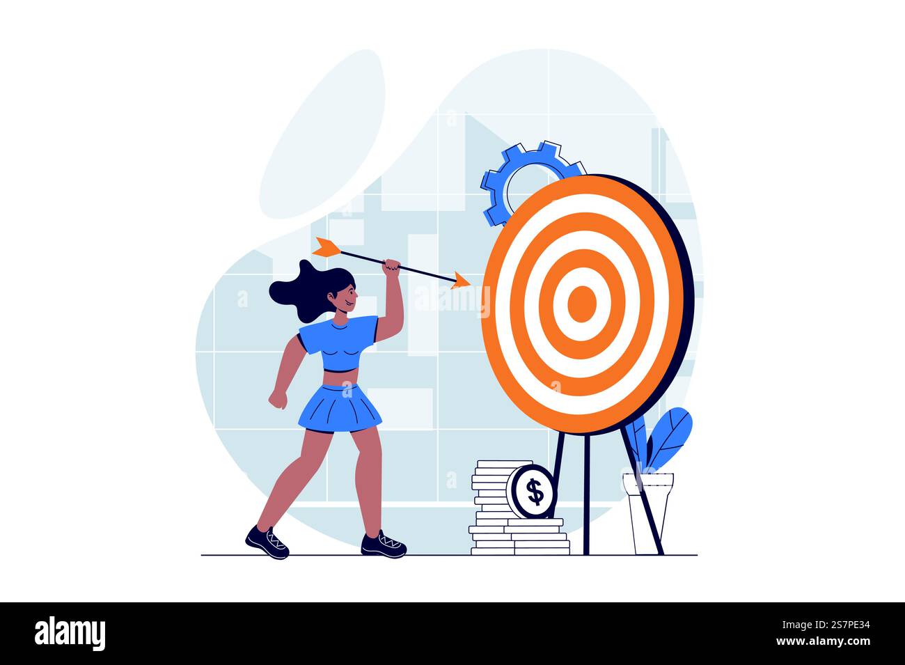 Business target web concept with character scene. Woman hits target ...