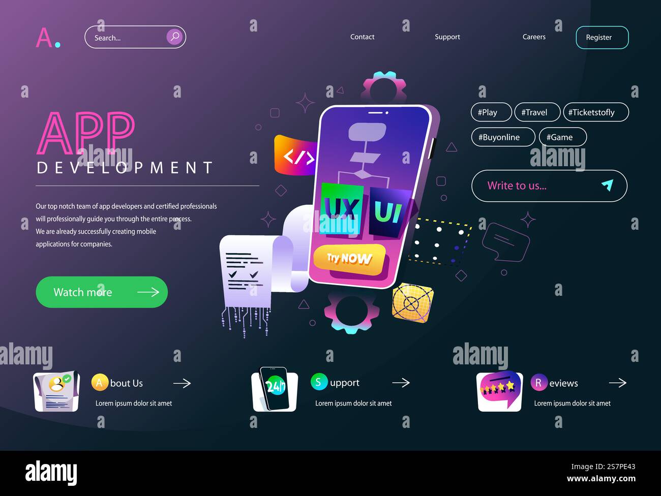 App development concept in flat cartoon design for homepage layout. Mobile ui ux design ...