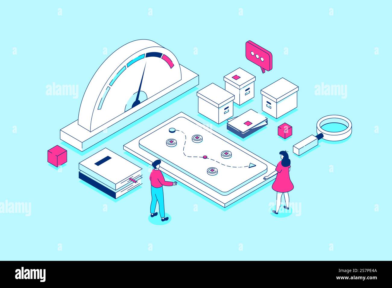 Crisis management concept in 3d isometric design. People analyzing data and speedometer ...