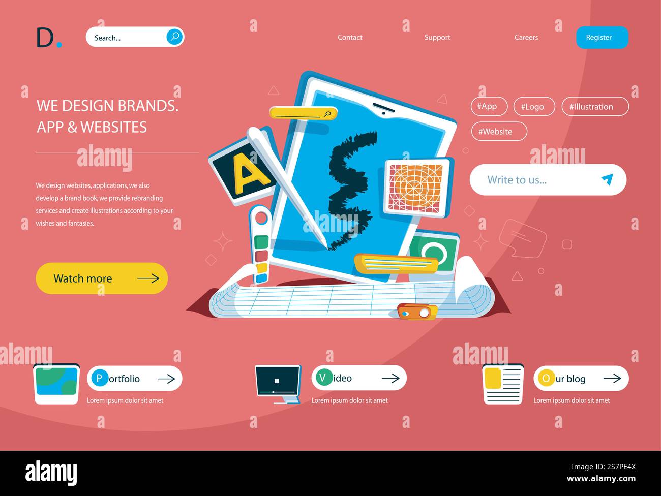 Designer studio concept in flat cartoon design for homepage layout ...