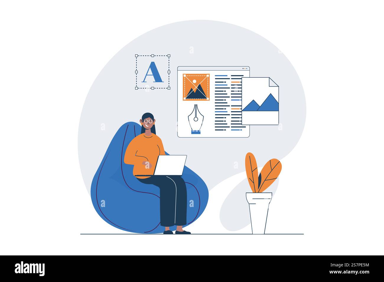 Freelance working web concept with character scene. Woman designer creating ui elements and ...