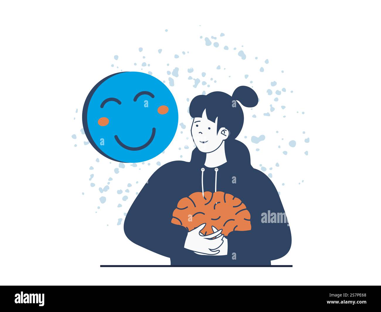 Mental health concept with character situation. Happy woman hugs brain ...