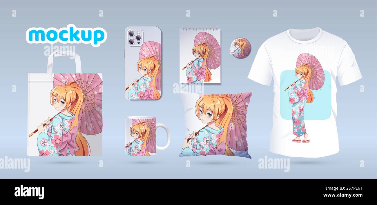 Anime Manga girl in traditional kimono. Identity branding mockup set ...