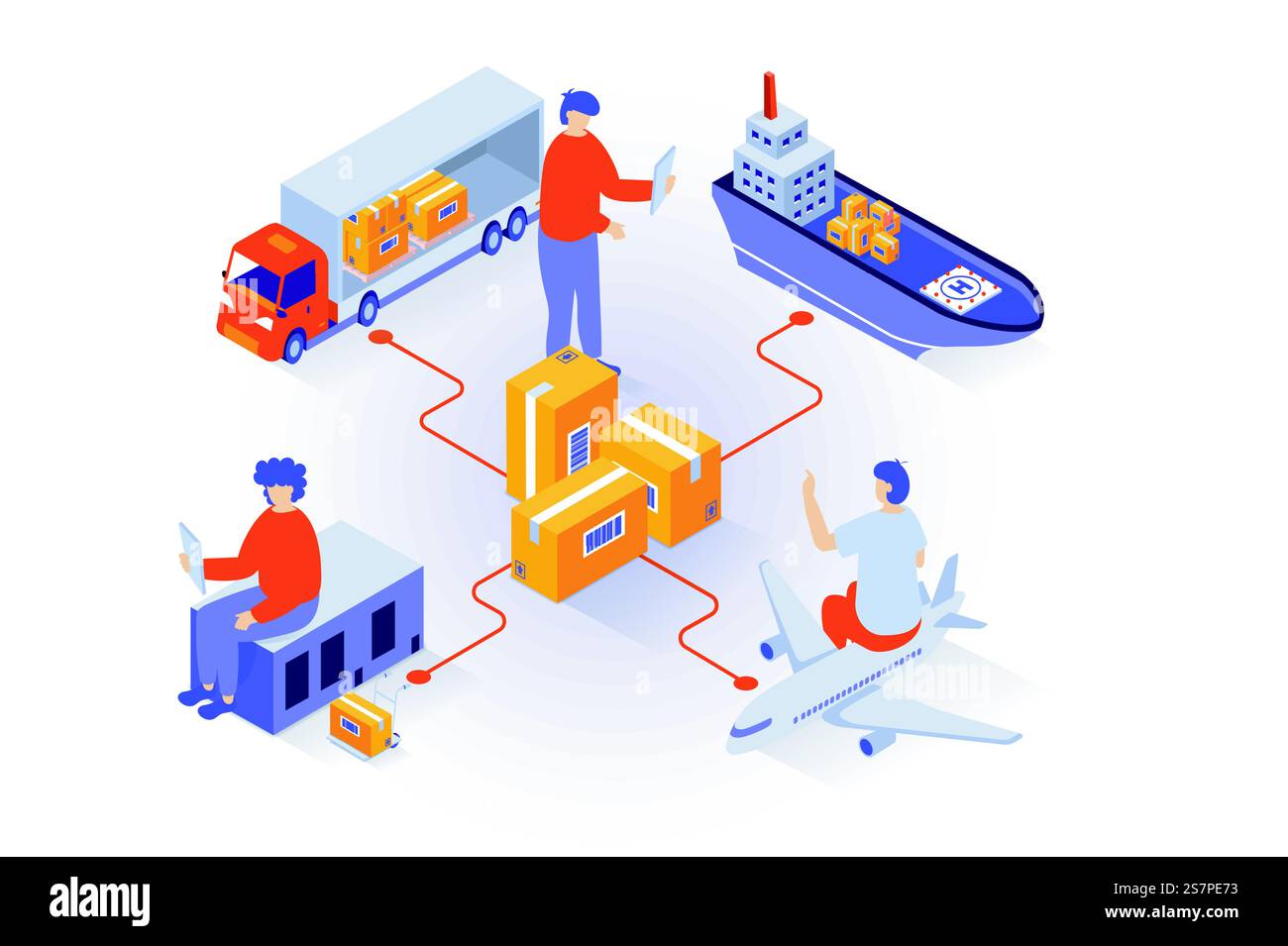 Transportation and logistics concept in 3d isometric design. People working in global delivery ...