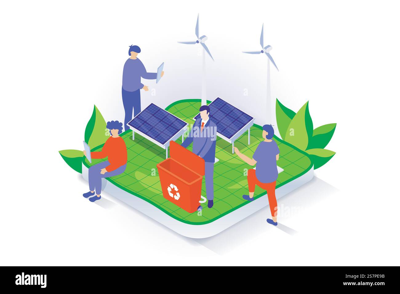 Eco lifestyle concept in 3d isometric design. People use solar panels ...