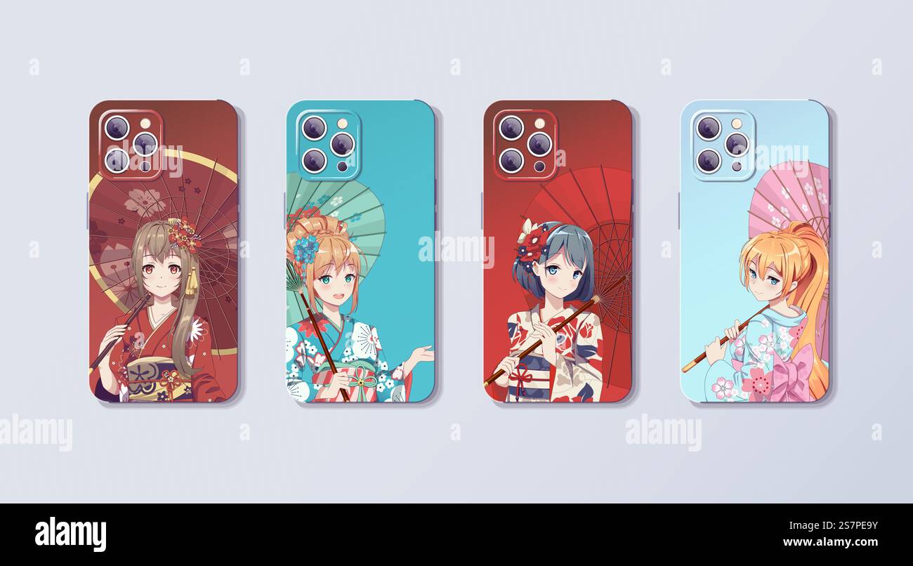 Anime manga girls in kimono and umbrella. Phone case design with ...