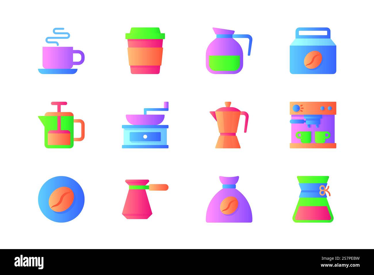 Coffee icons set in color flat design. Pack of hot drink mug, takeaway cup, bean bag, french ...