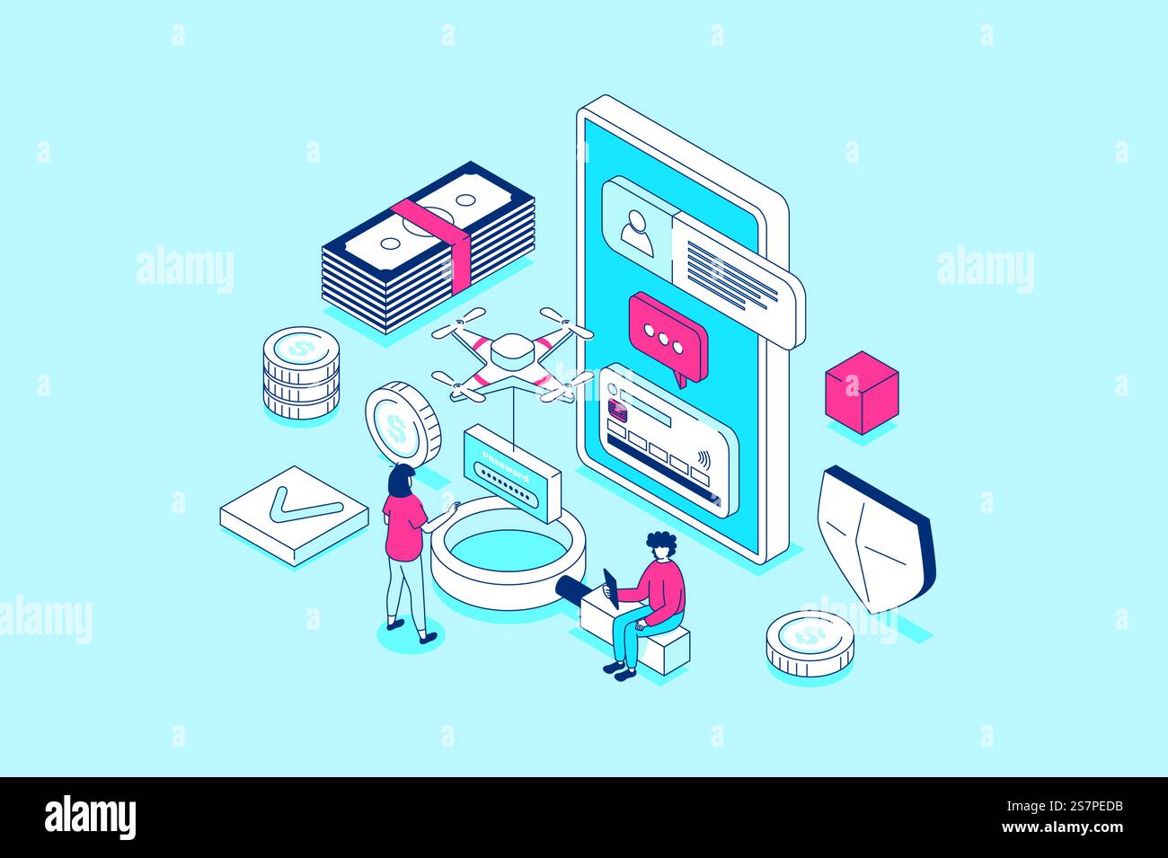 Mobile wallet app concept in 3d isometric design. People managing and ...