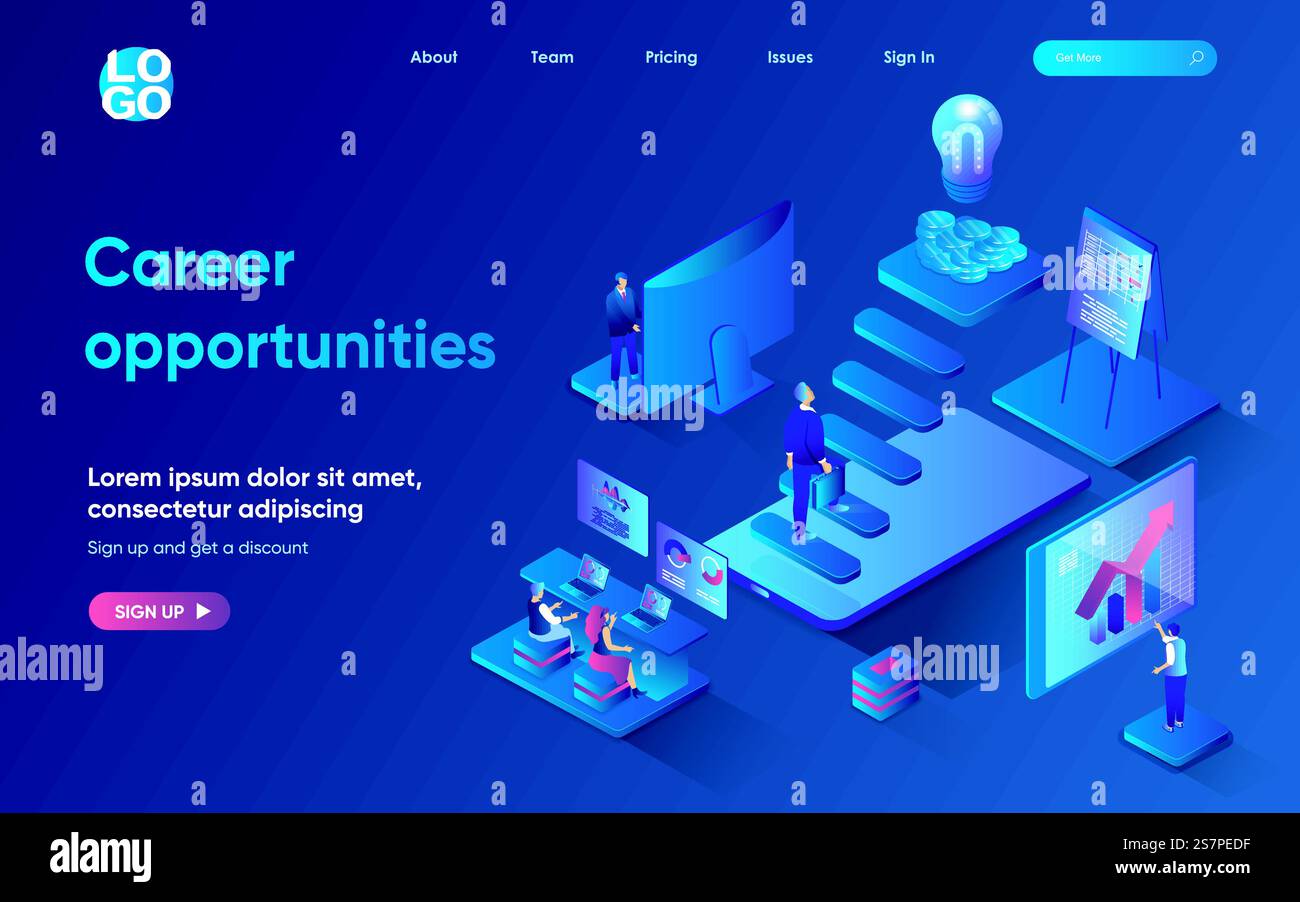 Career opportunities concept 3d isometric web landing page. People working, employee climbs ...