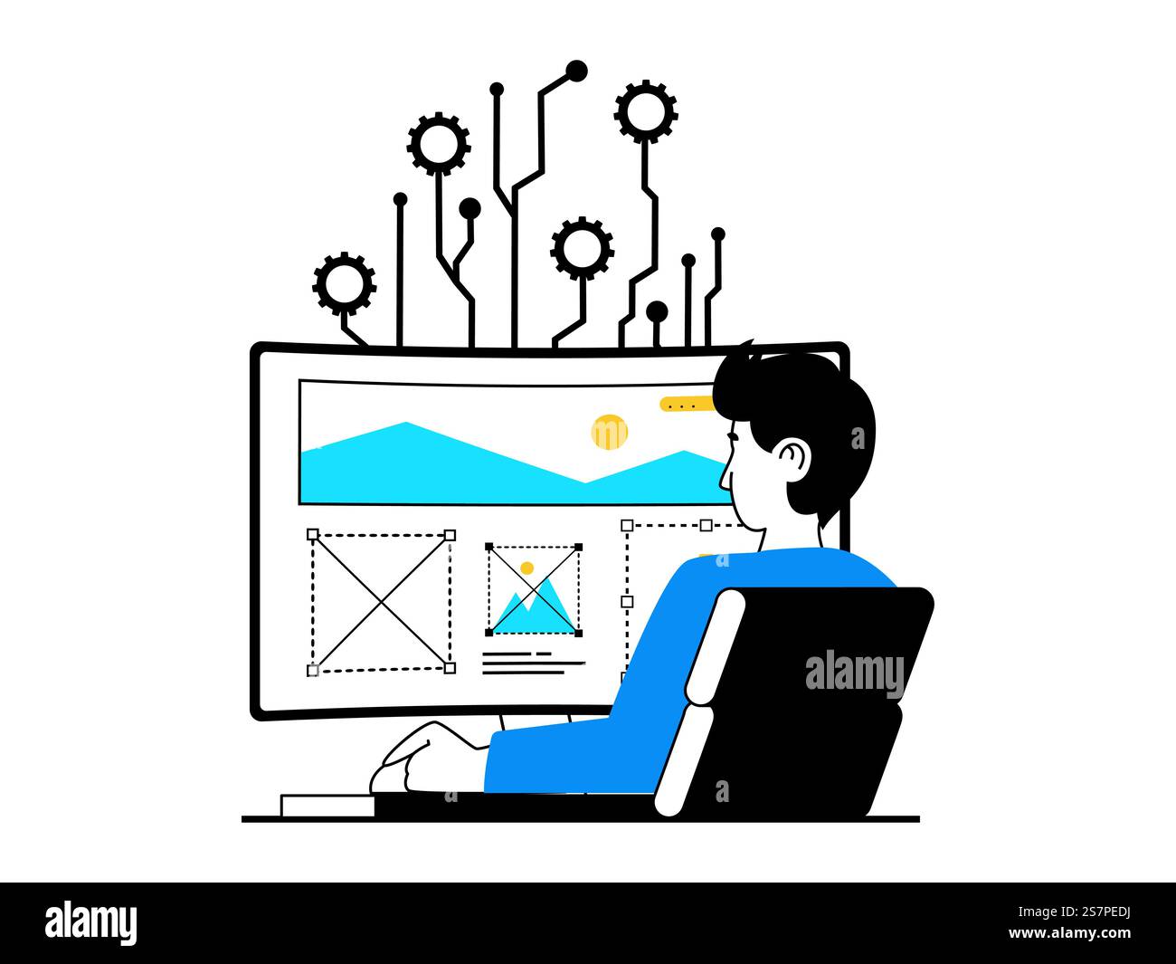 Web development concept with character situation. Man developer working with program languages ...