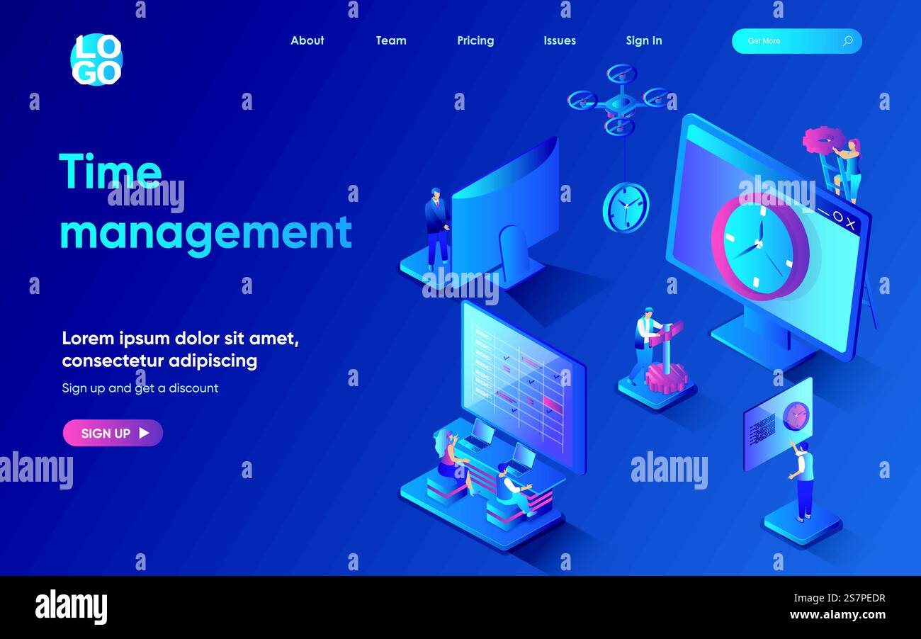Time management concept 3d isometric web landing page. People manage time and work processes ...