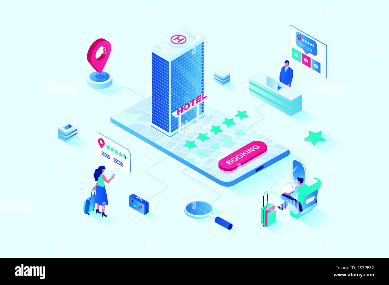 Booking 3d isometric web design. People go on vacation to travel and book hotel apartments using ...