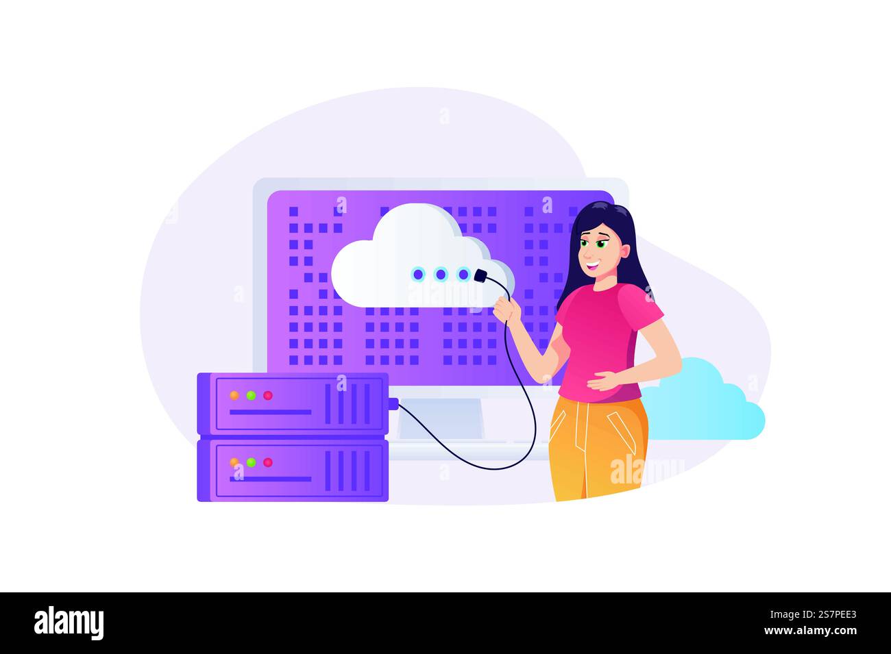 Cloud computing concept in flat style with people scene. Happy woman working with cloud service ...