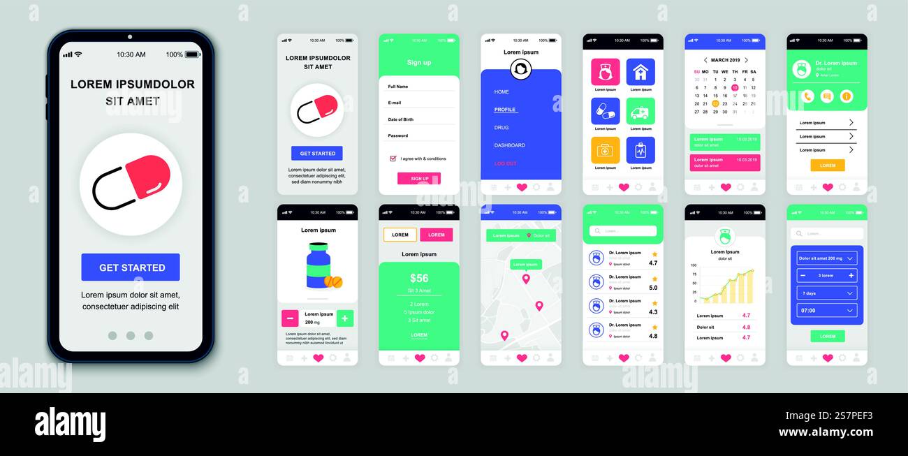 Set of UI, UX, GUI screens Medicine app flat design template for mobile ...