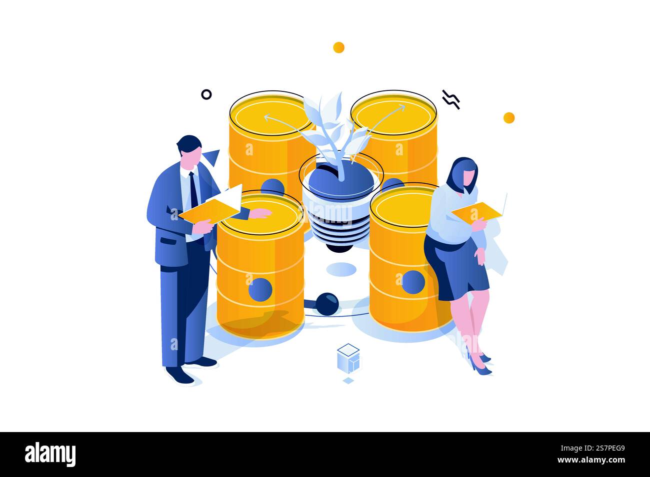 Eco lifestyle concept in 3d isometric design. Ecological fuel barrels ...