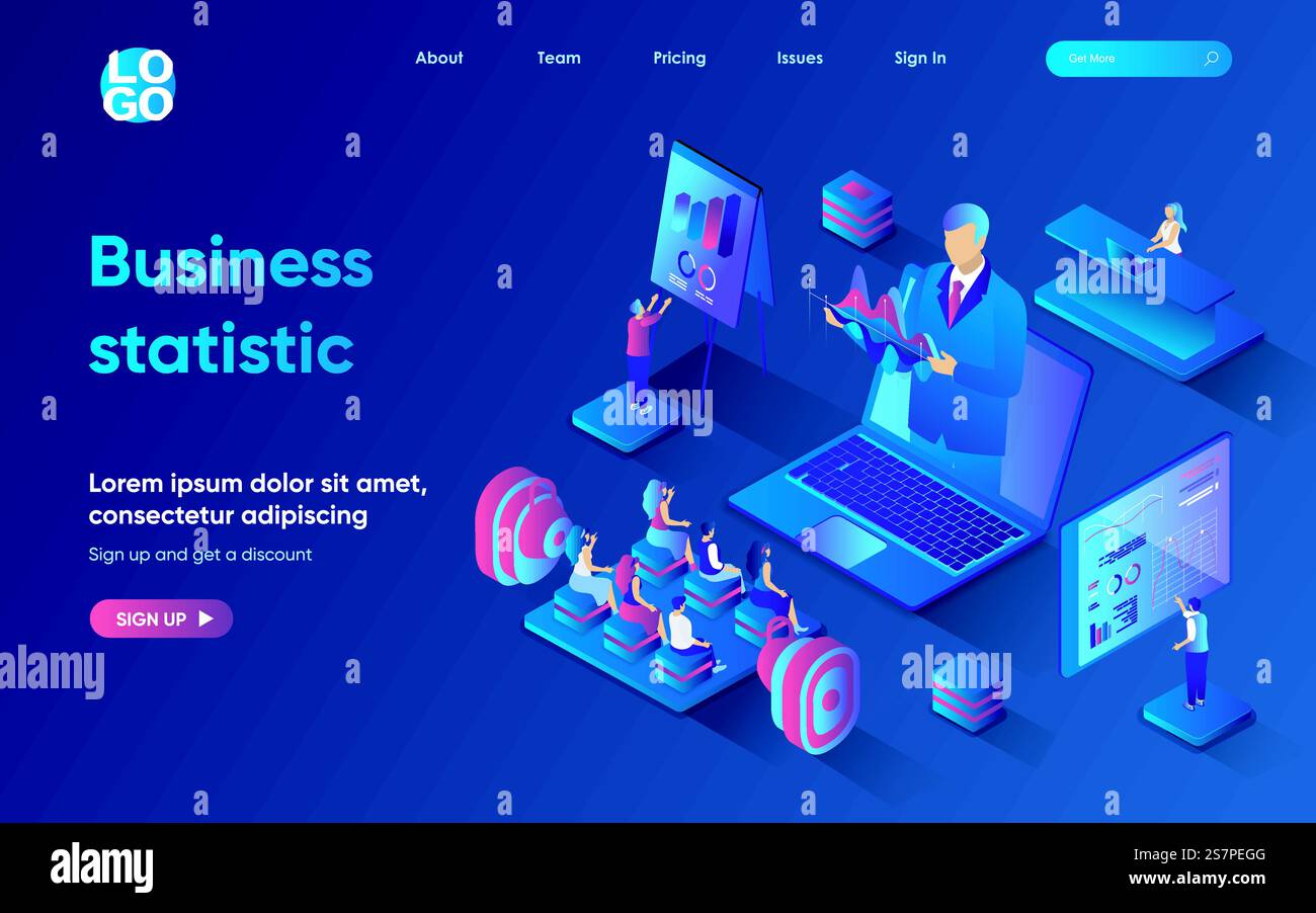 Business statistic control concept 3d isometric web landing page. People work in team, audit and ...