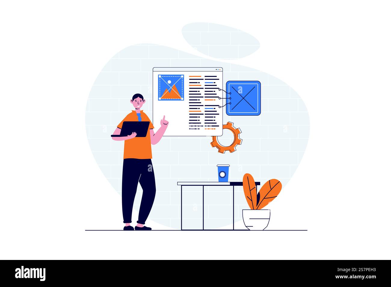 Programming web concept with character scene. Man making program and creating webpage layout at ...