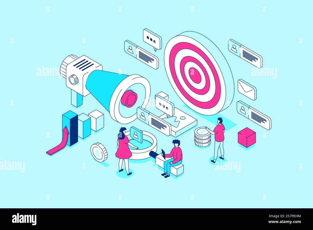 Target audience concept in 3d isometric design. People study market and customer trends, create ...