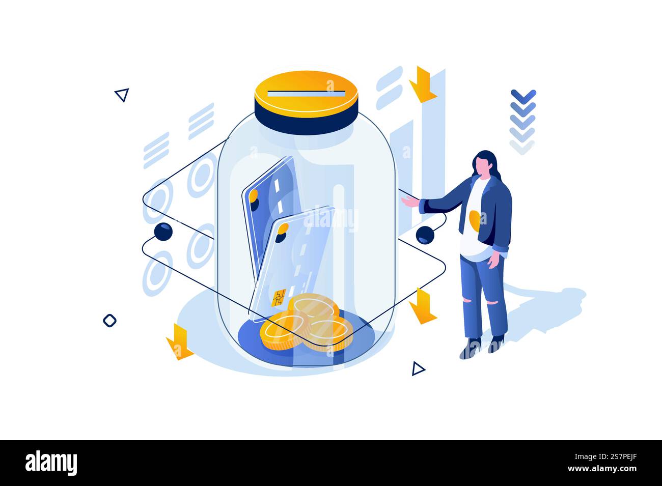 Unemployment crisis concept in 3d isometric design. Woman standing near ...