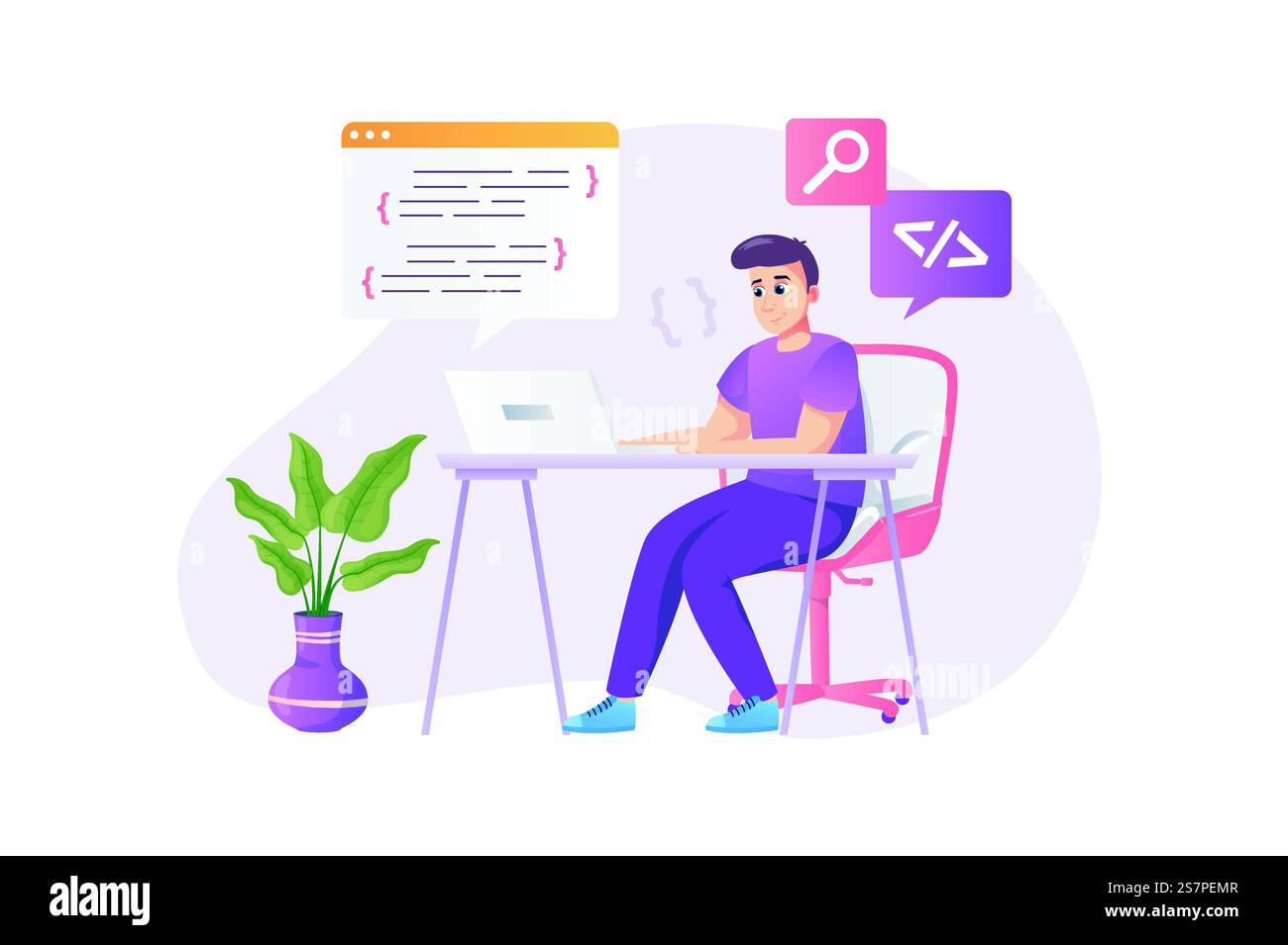Programmer working concept in flat style with people scene. Happy man coding and programming at ...