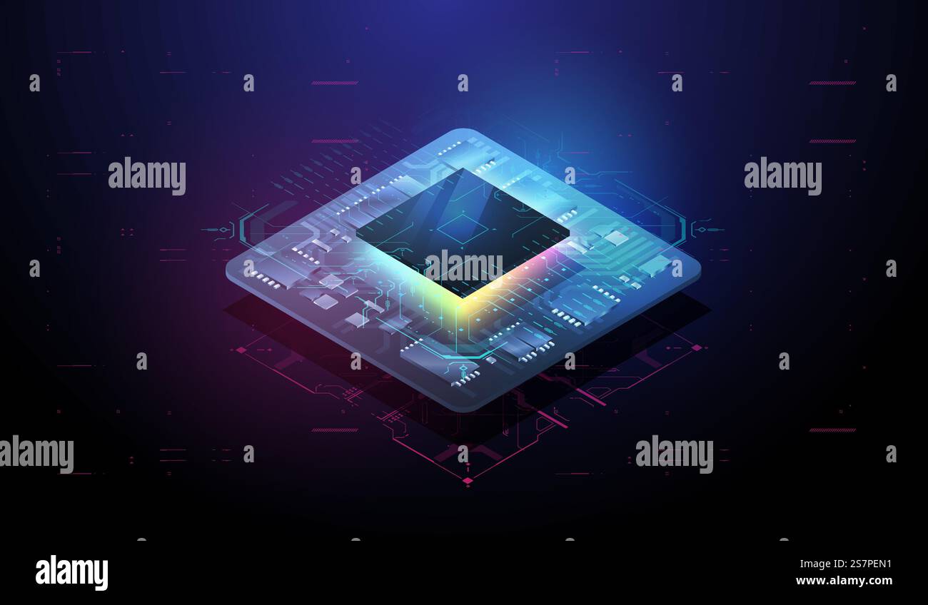 Digital chip with HUD elements. Futuristic microchip processor. Modern CPU illustration ...
