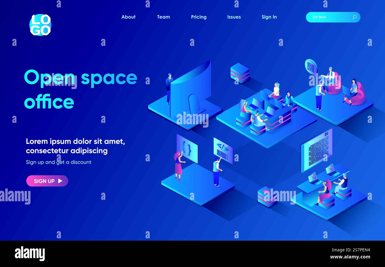 Open space office concept 3d isometric web landing page. People work in coworking place together ...