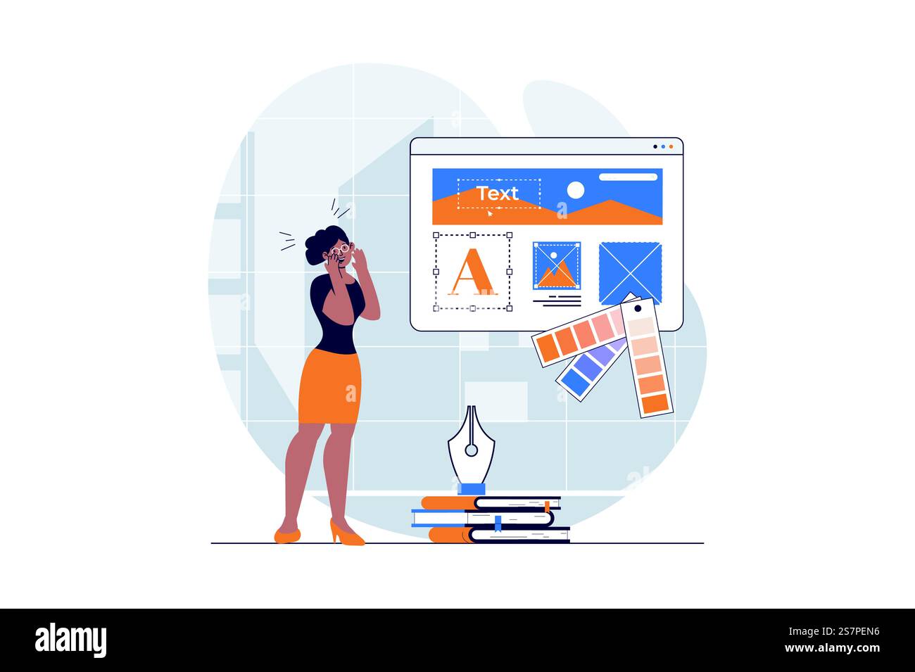 Web Design Concept With Character Scene Woman Creating Page Layouts With Elements Research
