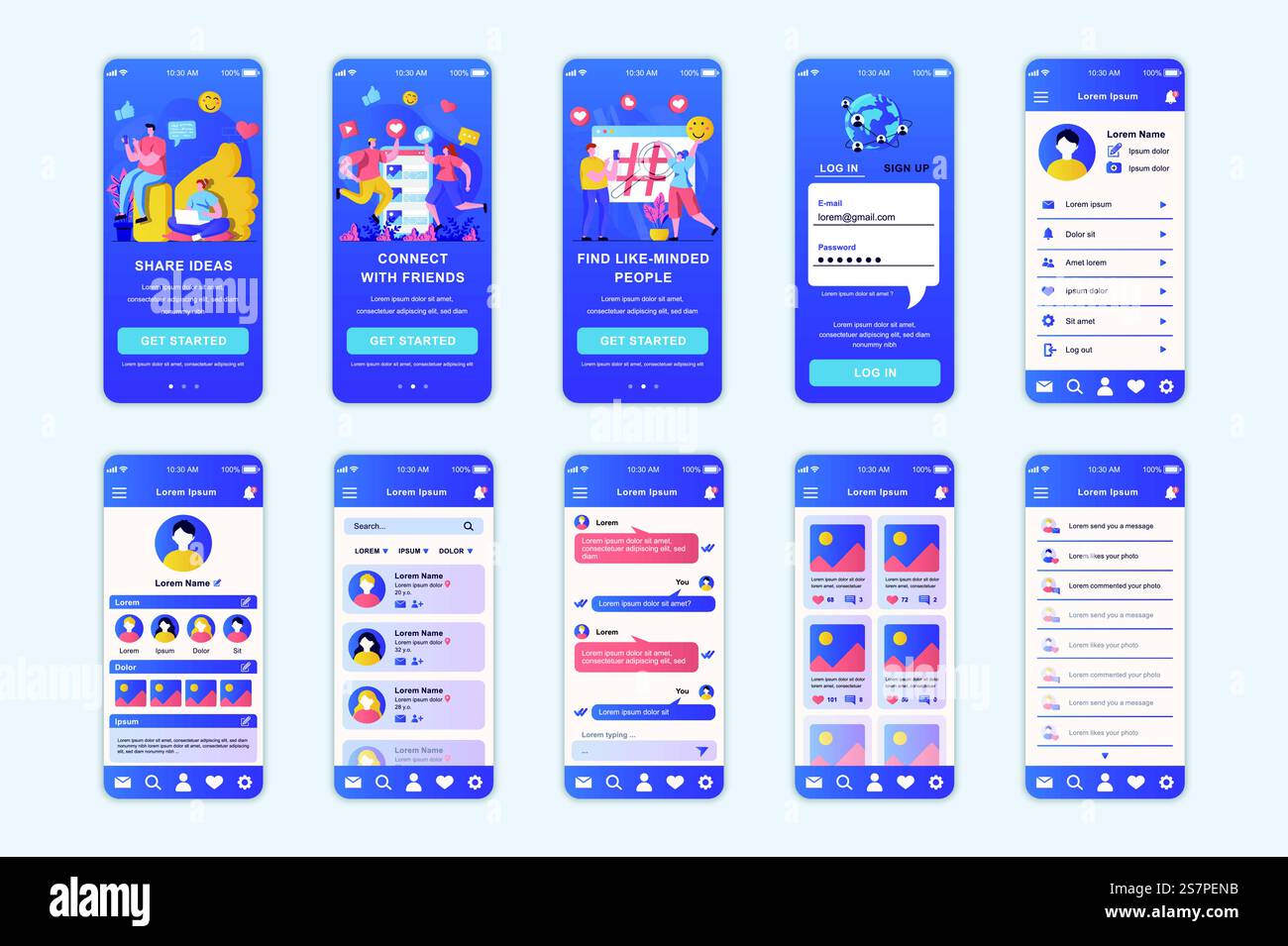 Social network concept screens set for mobile app template. People ...