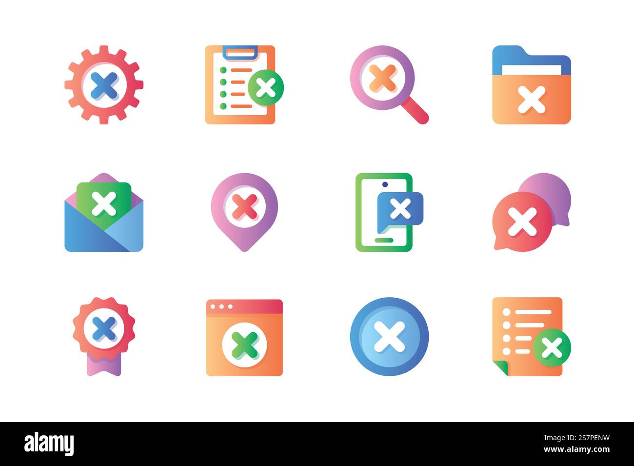 Reject icons set in color flat design. Pack of error gear, stop list ...