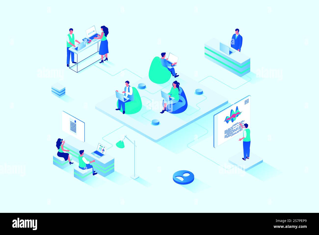 Coworking 3d isometric web design. People work on laptops in open ...