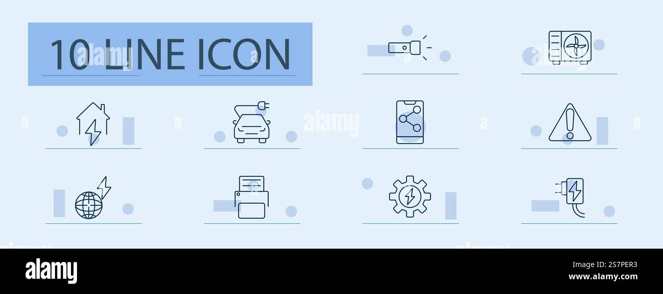 Smart energy solutions set icon. Flashlight, air conditioning, charging ...