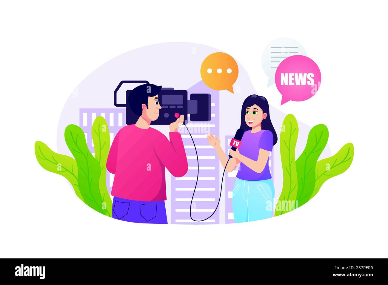 Journalism concept in flat style with people scene. Happy woman reporter tells news into ...