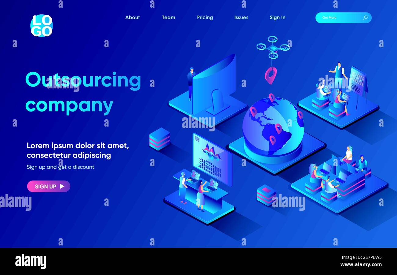 Outsourcing company concept 3d isometric web landing page. People work remotely from home in ...