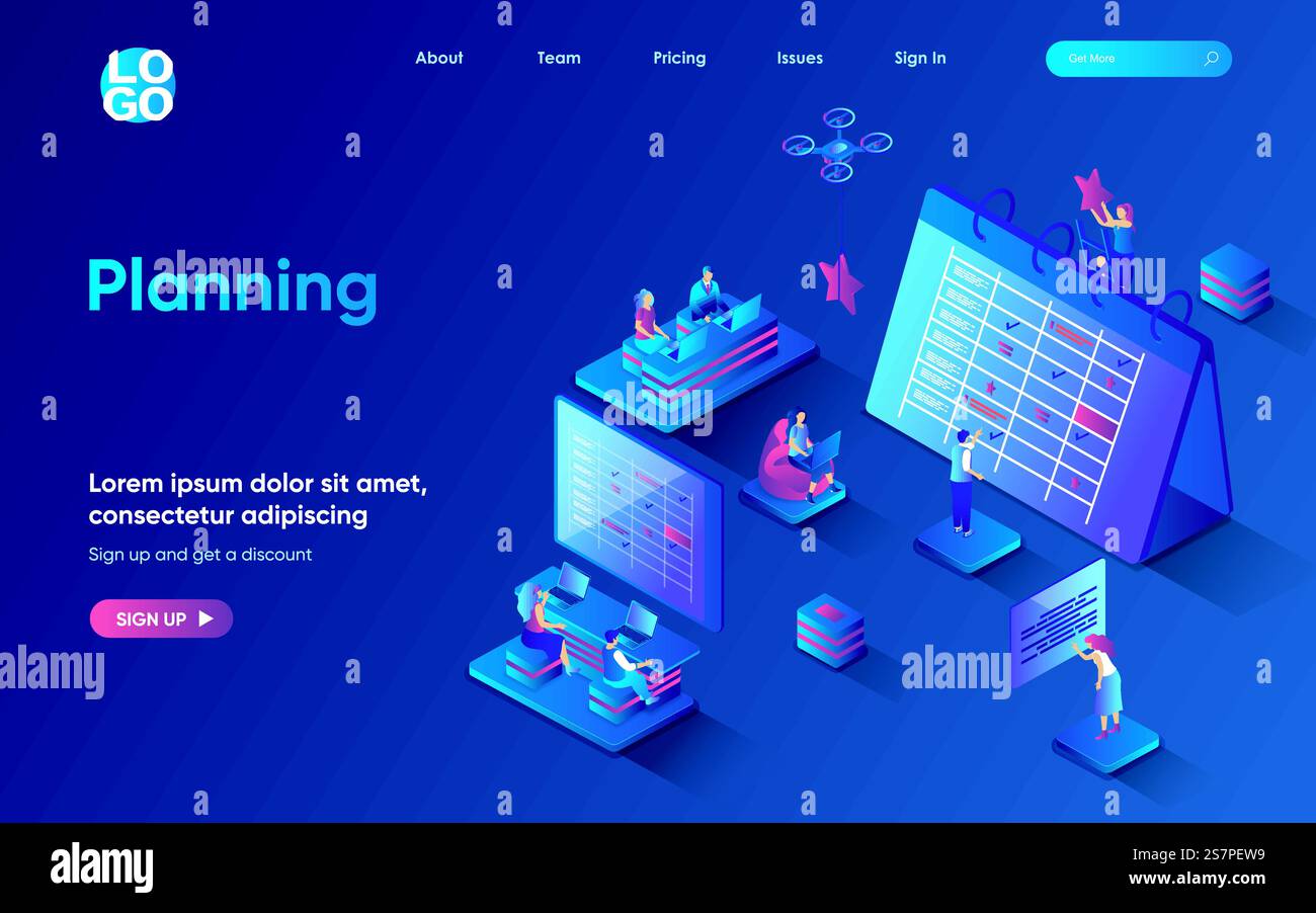 Business planning concept 3d isometric web landing page. People make schedules with work tasks ...