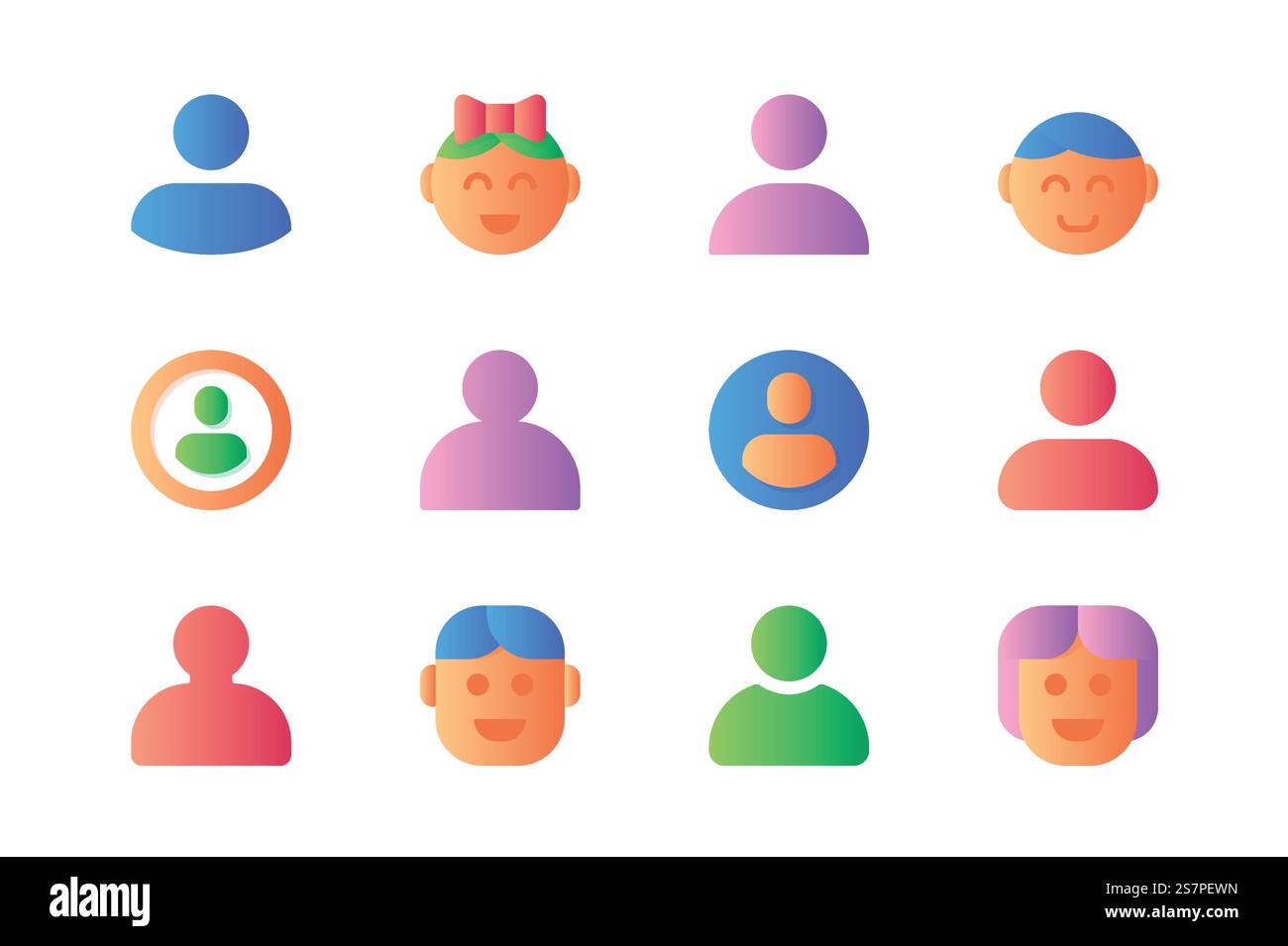 Profile icons set in color flat design. Pack of girl, boy, emoticon ...