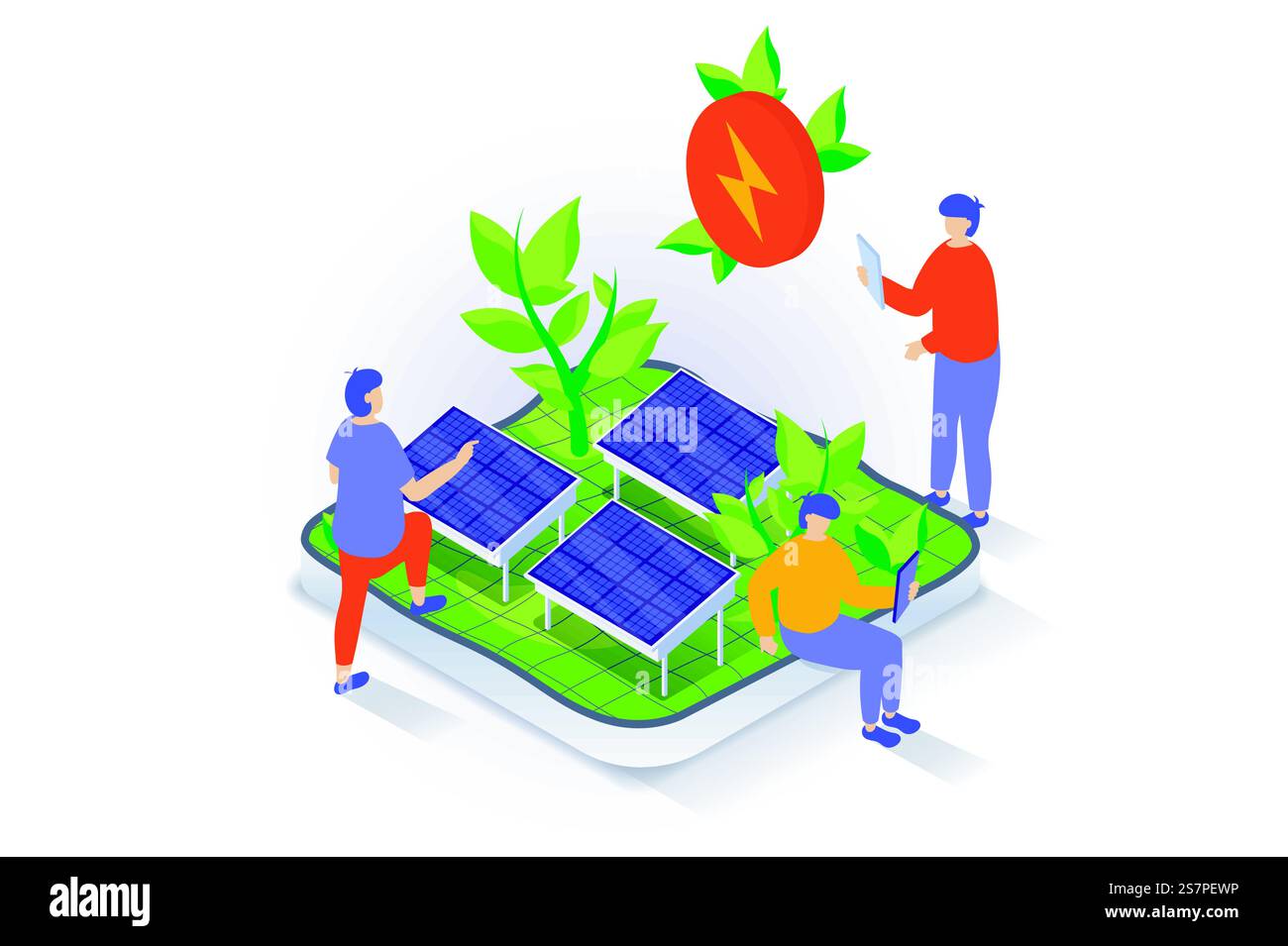 Eco lifestyle concept in 3d isometric design. People use solar panels ...