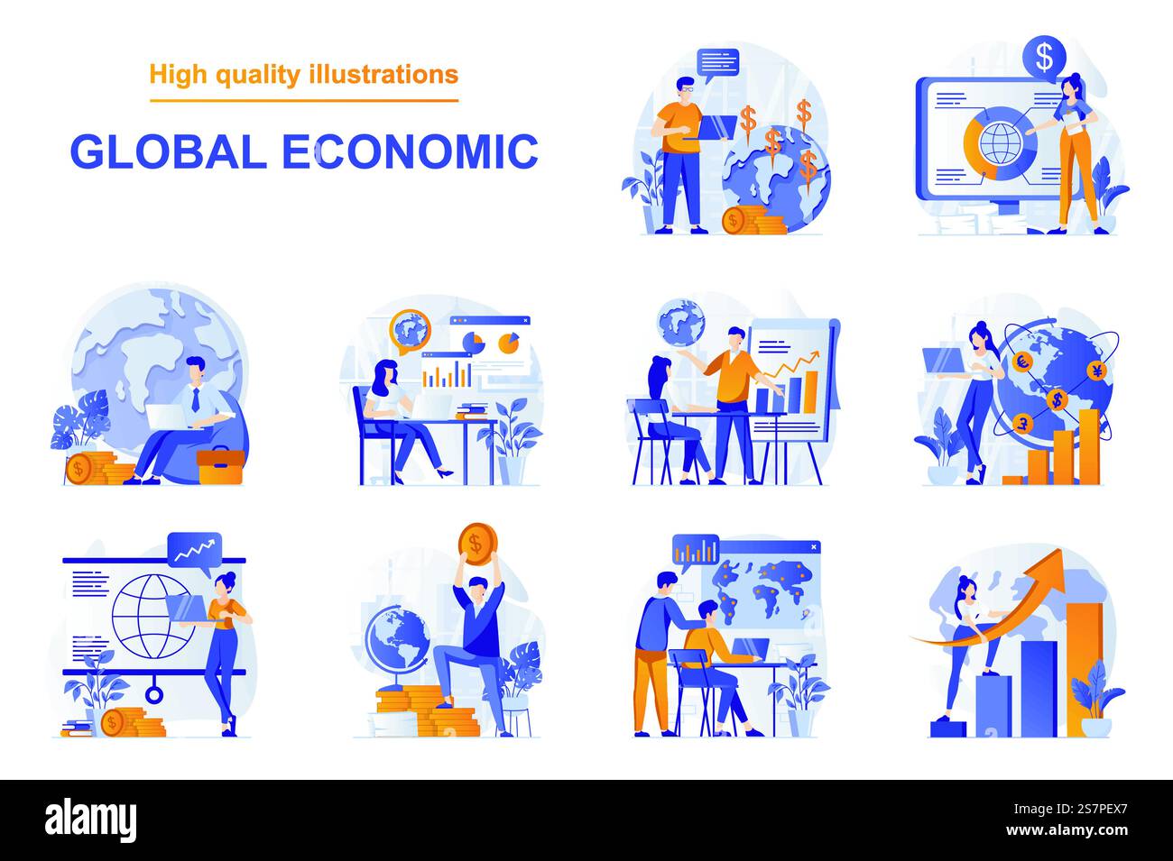 Global economic web concept with people scenes set in flat style ...